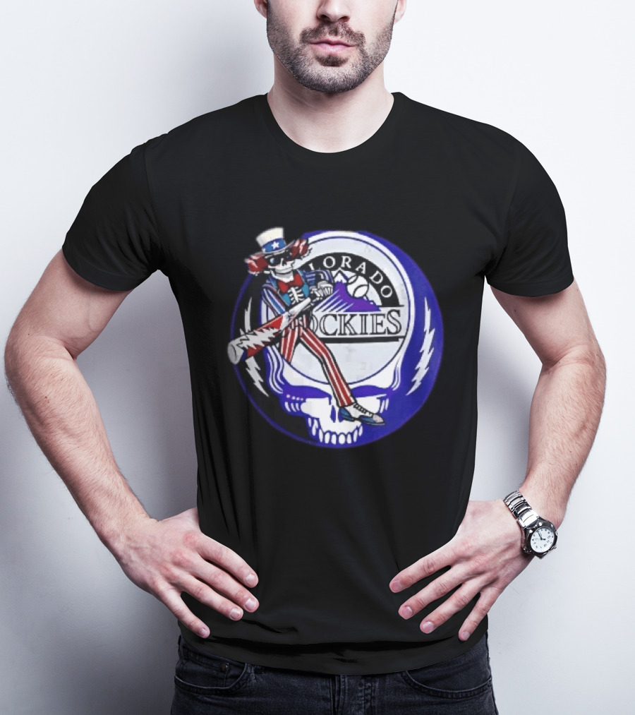 Colorado Rockies Grateful Dead Uncle Sam Skeleton Batting Lightning Stealie Skull T-Shirt