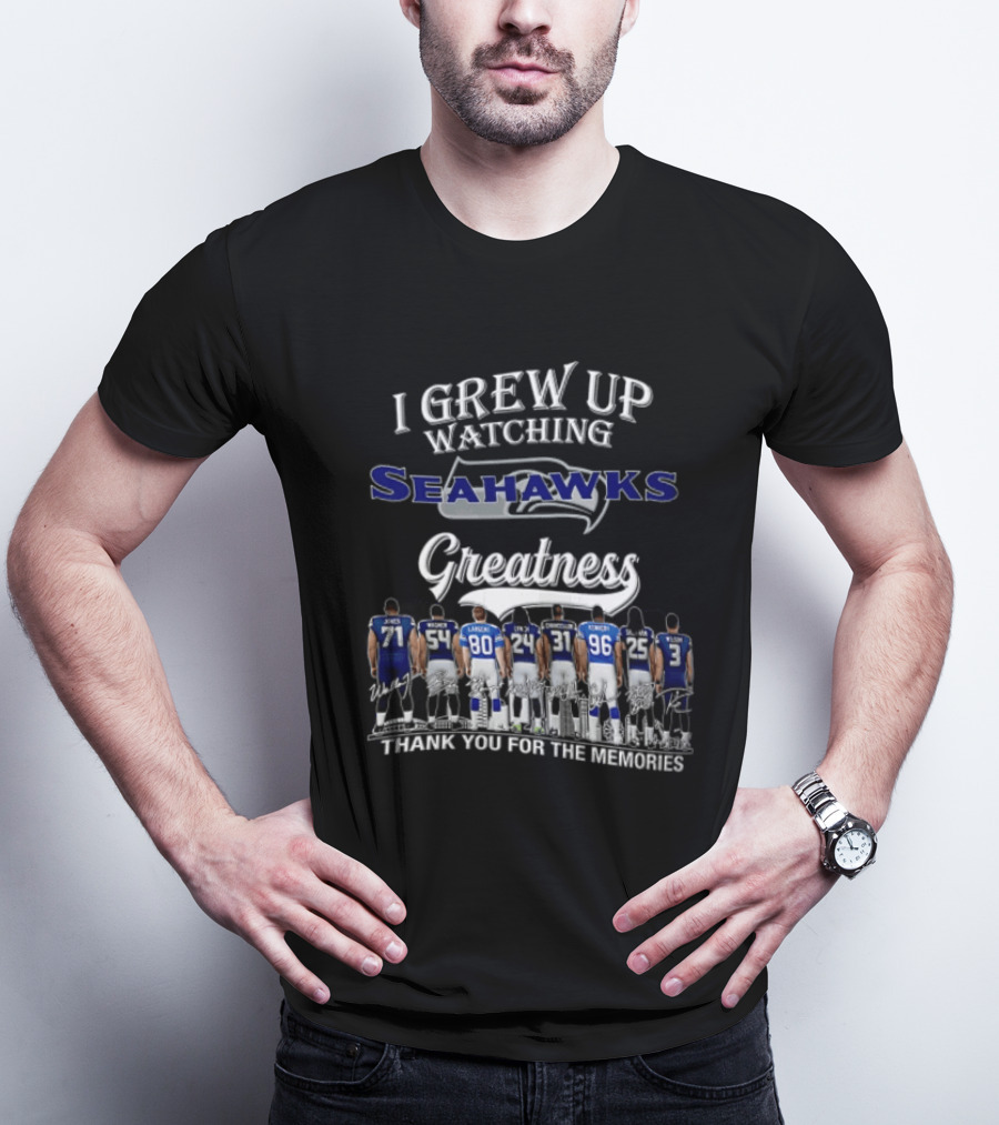 I Grew Up Ing Seahawks Greatness Thank You For The Memories Jones Engram Largent Alexander Wilson Kennedy Griffith T-Shirt