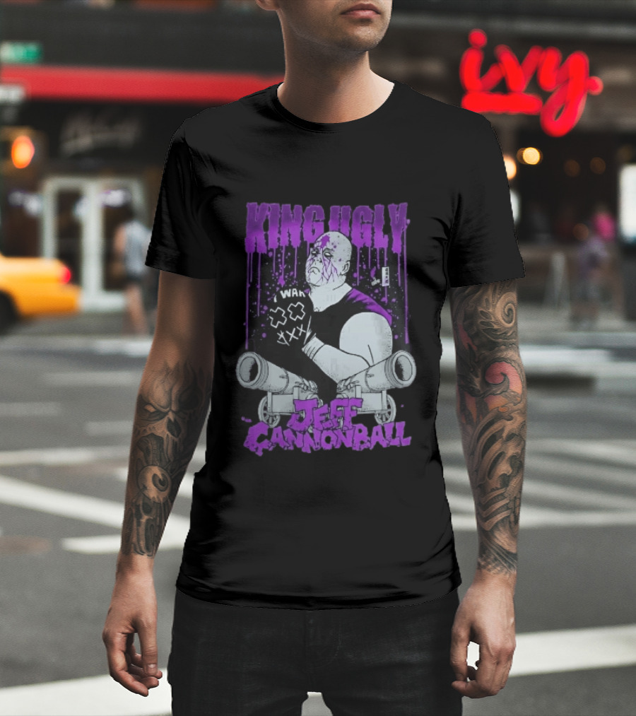 King Ugly War Jeff Cannonball Bald Wrestler Cannons Purple Dripping Paint T-Shirt