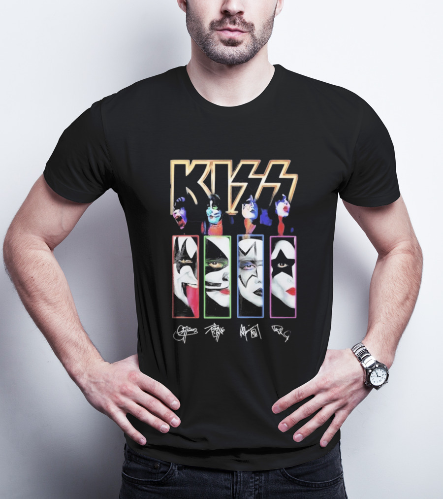 KISS Band Members Faces And Autographs Signature T-Shirt