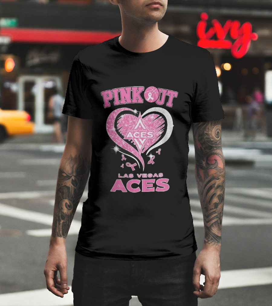 Las Vegas Aces Pink Out Glitter Heart Breast Cancer Awareness Ribbons WNBA T-Shirt