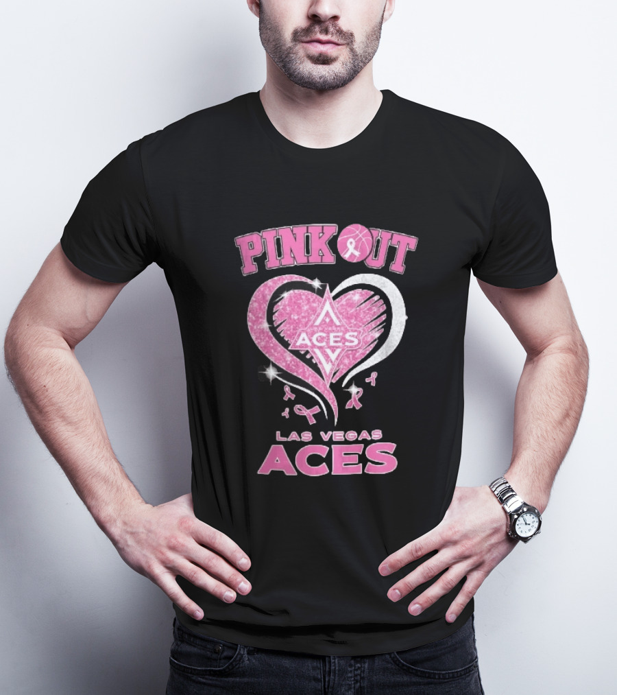 Las Vegas Aces Pink Out Glitter Heart Breast Cancer Awareness Ribbons WNBA T-Shirt