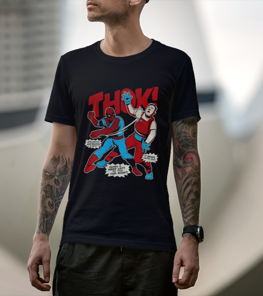 Spider Man Thok Giving A Hard Left To The Far Right Nazi Puncher Comic T-Shirt