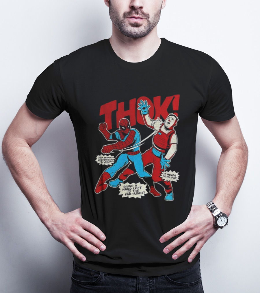 Spider Man Thok Giving A Hard Left To The Far Right Nazi Puncher Comic T-Shirt