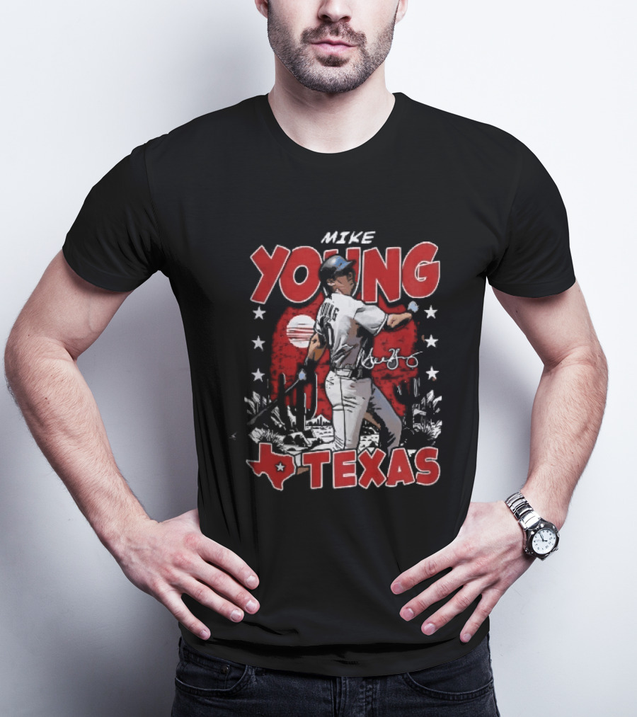 Texas Rangers MLB Mike Young Batting Cactus Red Sunset Stars T-Shirt