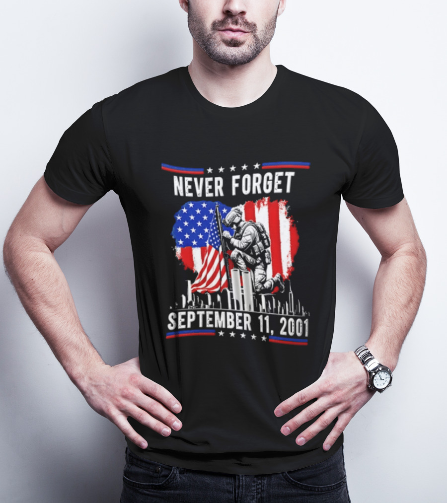 Never Forget September 11 2001 Soldier American Flag Memorial T-Shirt