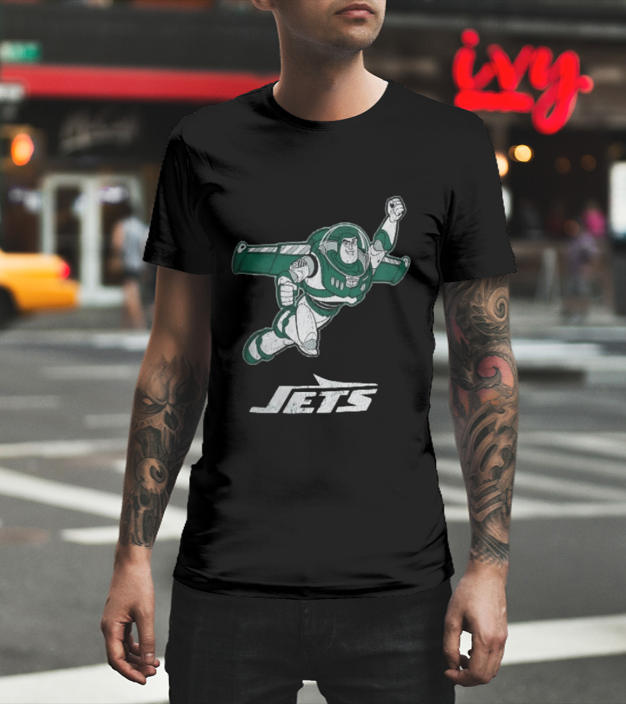 Buzz Lightyear Flying New York Jets Distressed Cartoon T-Shirt