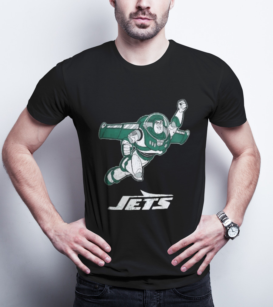 Buzz Lightyear Flying New York Jets Distressed Cartoon T-Shirt