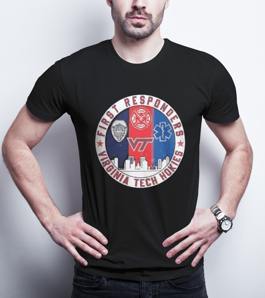 Virginia Tech Hokies First Responders Police Fire Dept EMS Star Skyline T-Shirt