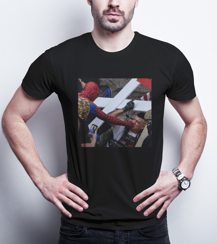 Spiderman Punching Man Holding Cross And Flag Image T-Shirt