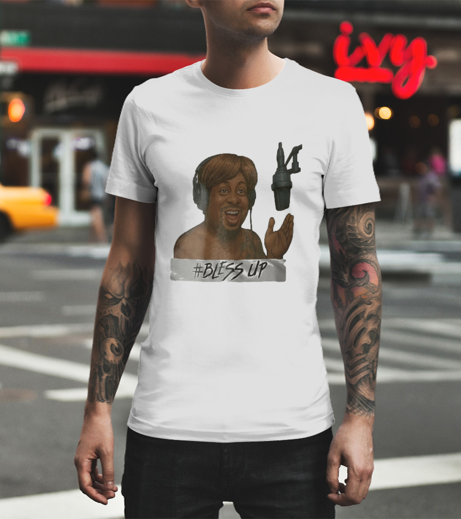 Bless Up Smiling Man Headphones Microphone Caricature T-Shirt