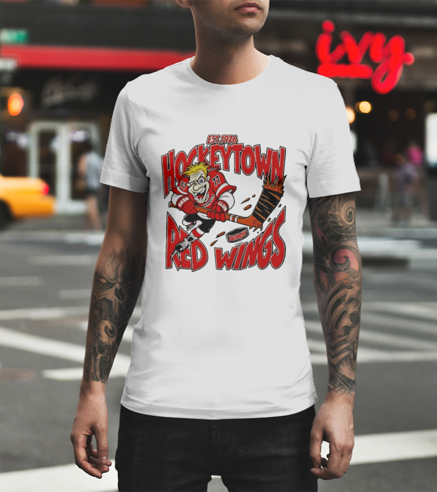 Detroit Red Wings Hockeytown Est. 1926 Vintage Cartoon Player With Flaming Hockey Stick T-Shirt