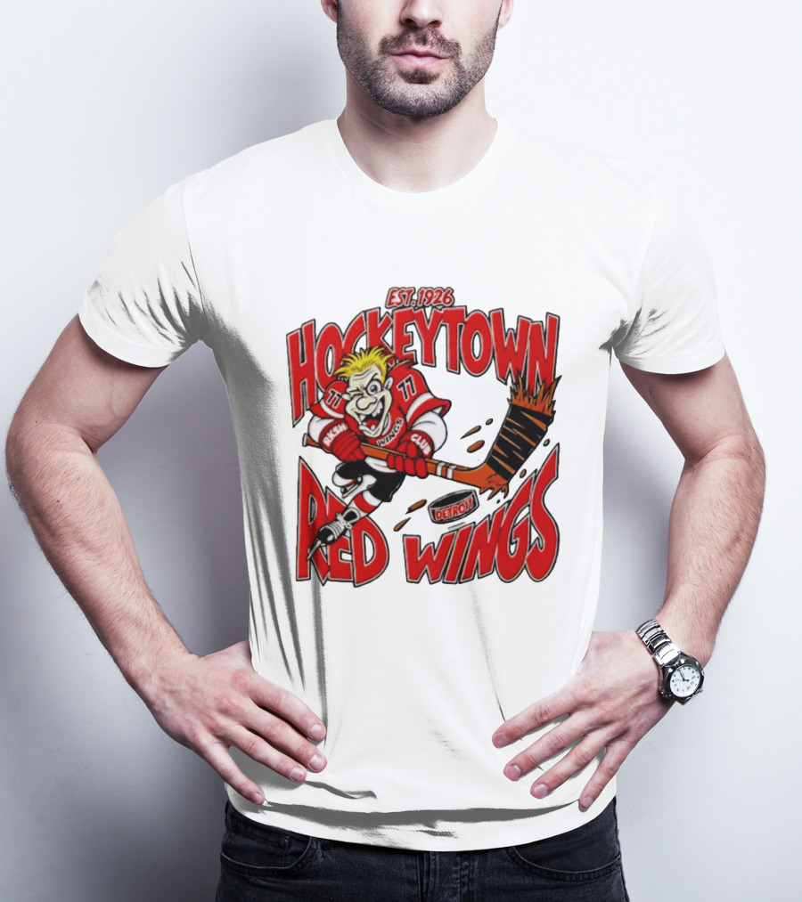 Detroit Red Wings Hockeytown Est. 1926 Vintage Cartoon Player With Flaming Hockey Stick T-Shirt