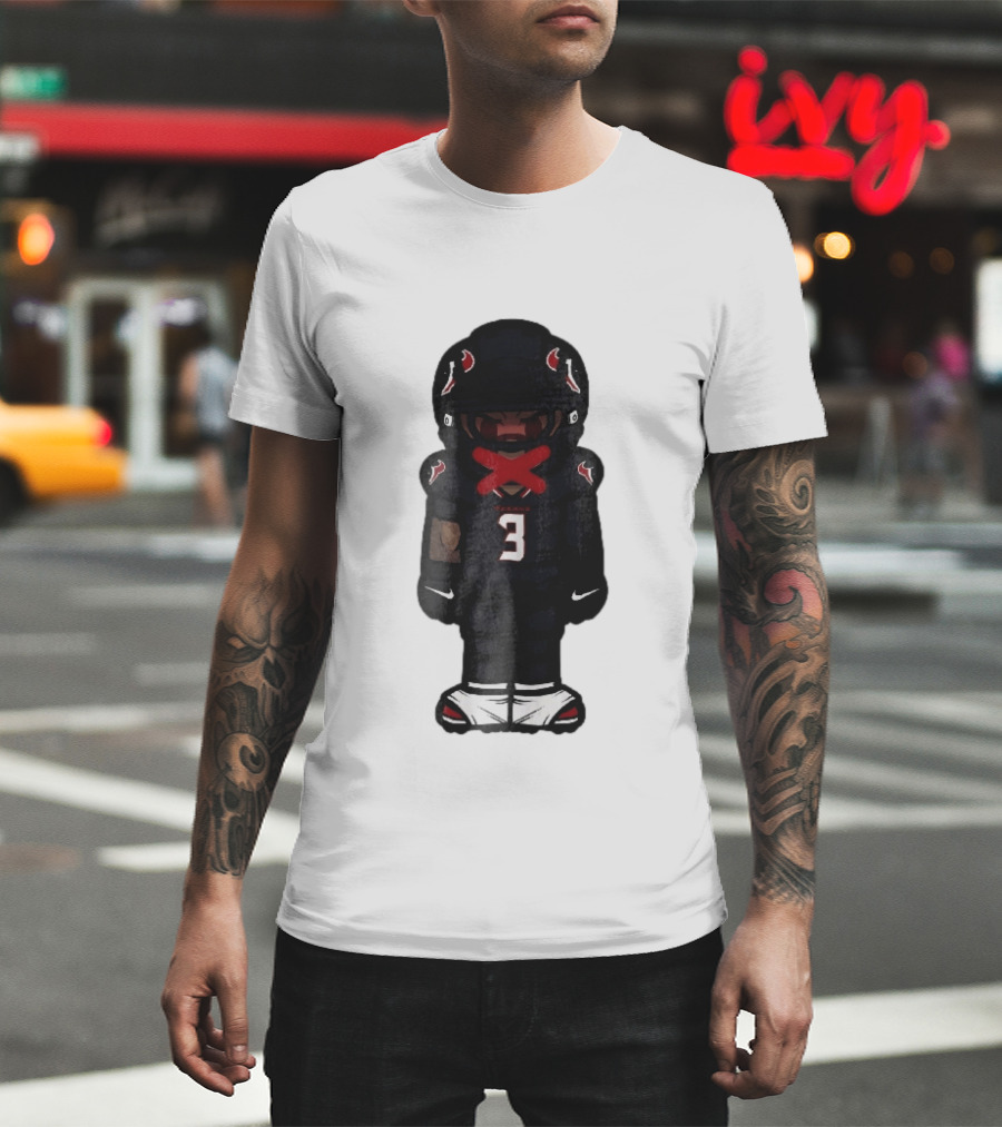 Houston Texans Cartoon Caricature Player Jersey Number 3 Red X Mouth T-Shirt