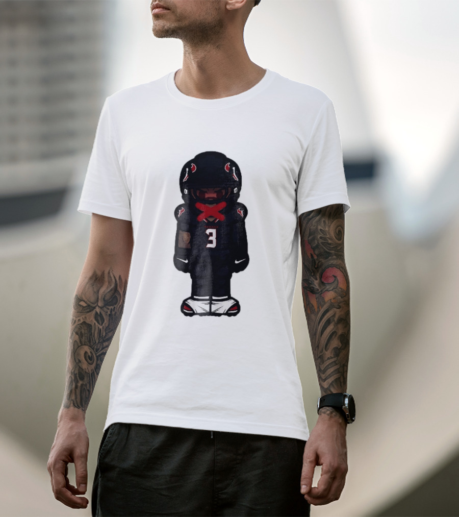 Houston Texans Cartoon Caricature Player Jersey Number 3 Red X Mouth T-Shirt