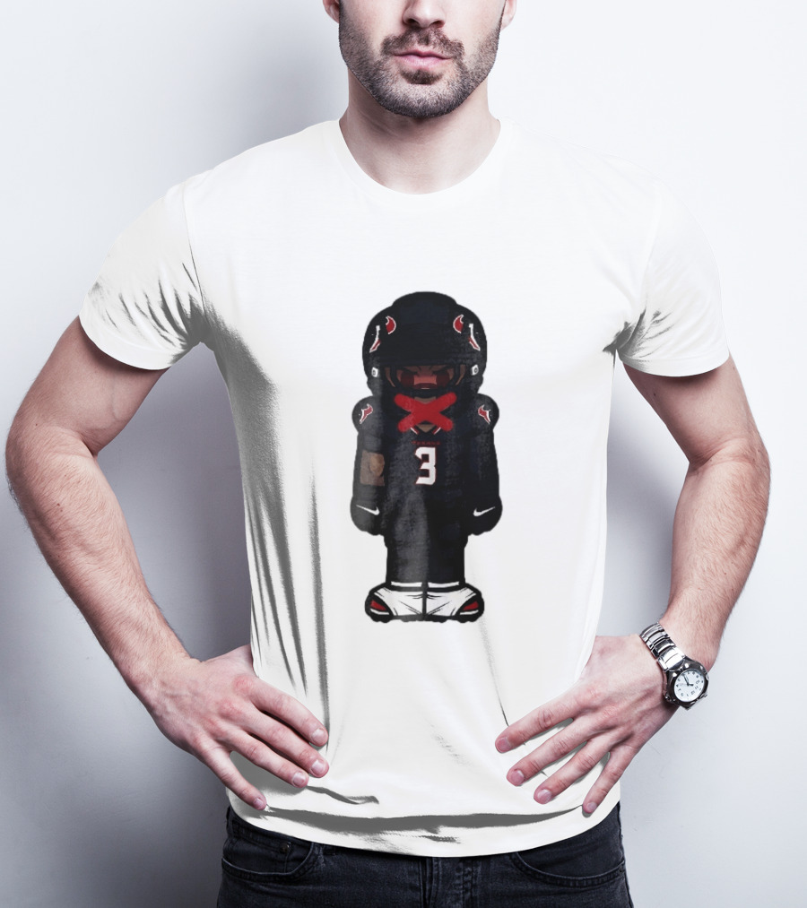 Houston Texans Cartoon Caricature Player Jersey Number 3 Red X Mouth T-Shirt