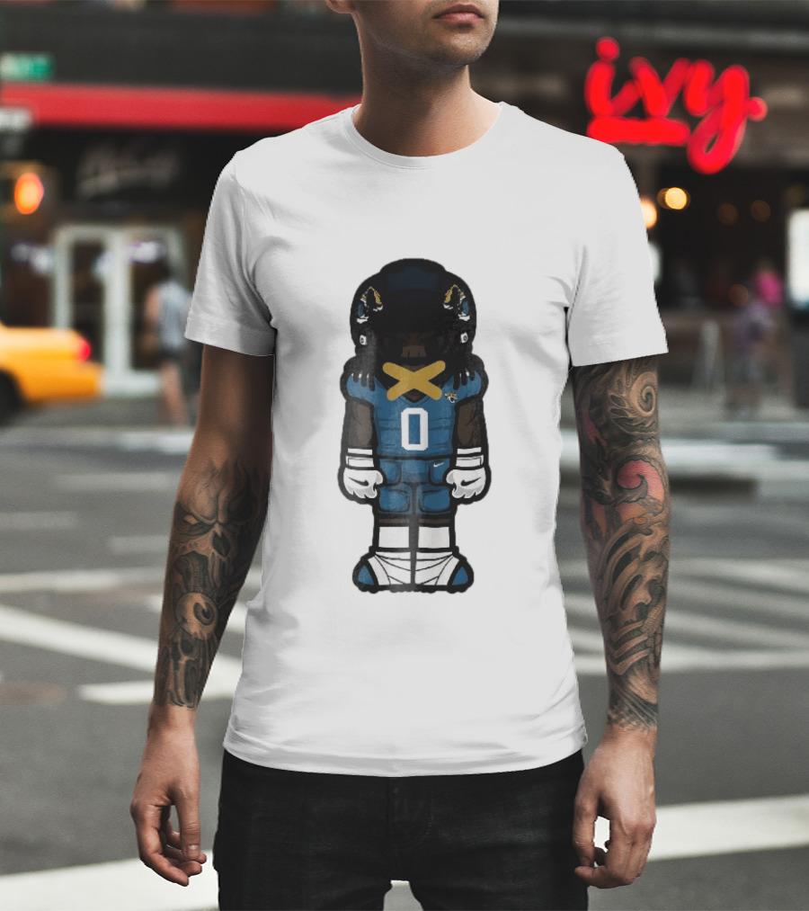 Jacksonville Jaguars Cartoon Caricature Player Jersey 0 Gold Tape Football Team Merchandise T-Shirt