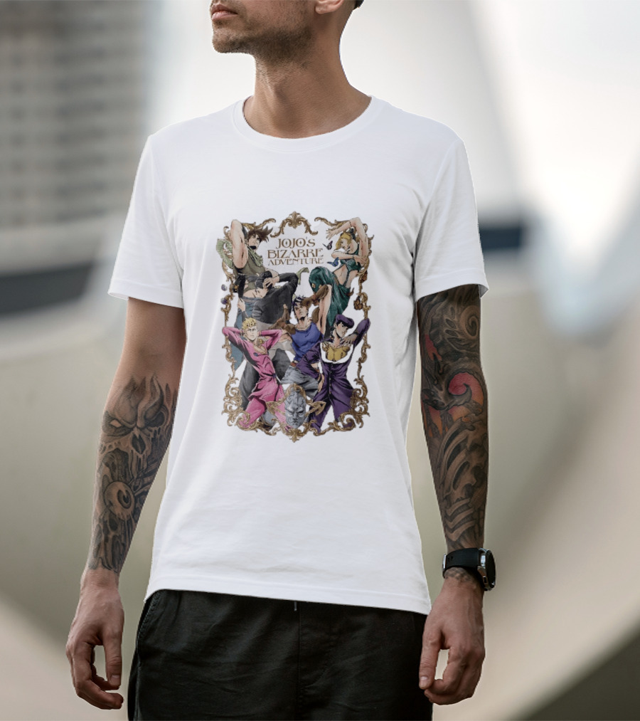 JoJo's Bizarre Adventure Characters Posing In Ornate Gold Frame With Stone Mask T-Shirt