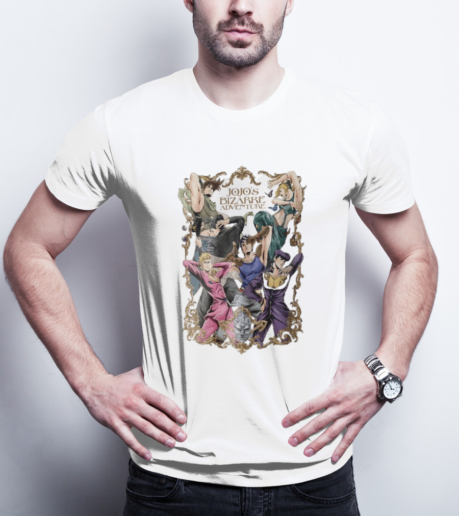 JoJo's Bizarre Adventure Characters Posing In Ornate Gold Frame With Stone Mask T-Shirt