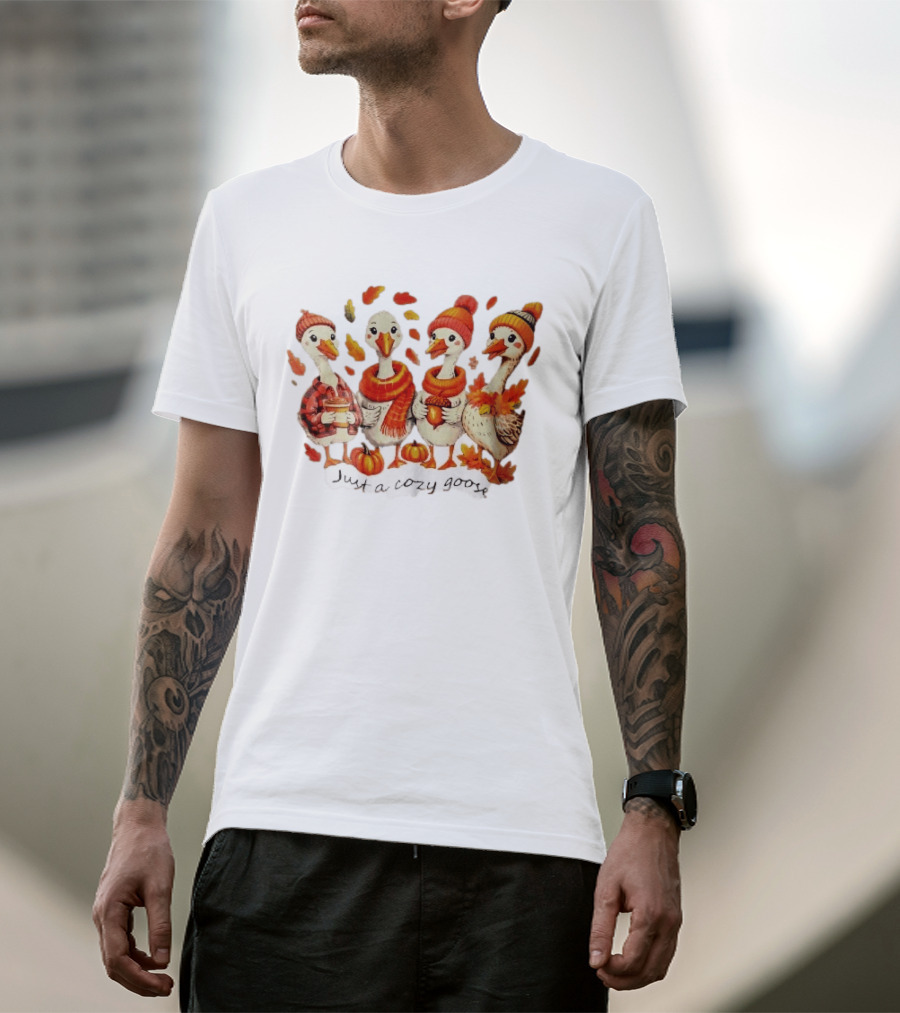 Cozy Goose Autumn Theme Four Cartoon Birds Leaves Pumpkins T-Shirt