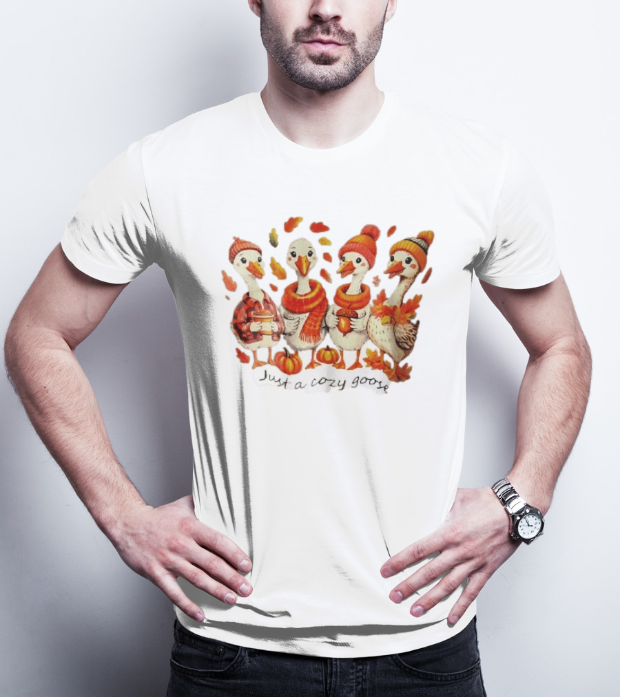 Cozy Goose Autumn Theme Four Cartoon Birds Leaves Pumpkins T-Shirt