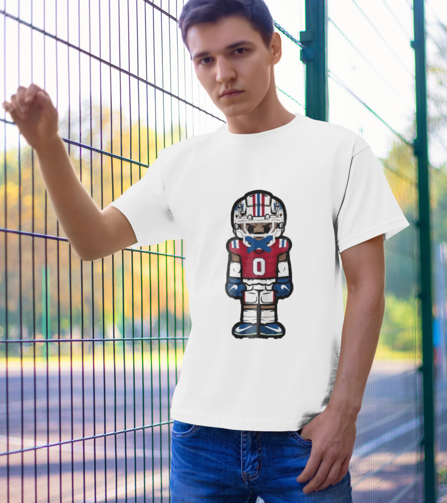 New England Patriots Cartoon Caricature Football Player Red Jersey Number 0 Helmet And Gloves T-Shirt