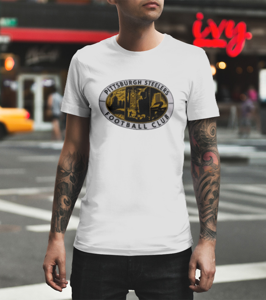 Pittsburgh Steelers Football Club Distressed Oval Emblem Cityscape T-Shirt