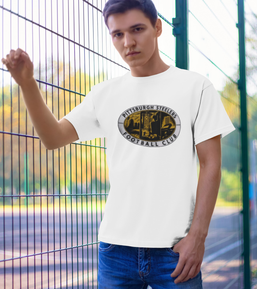 Pittsburgh Steelers Football Club Distressed Oval Emblem Cityscape T-Shirt