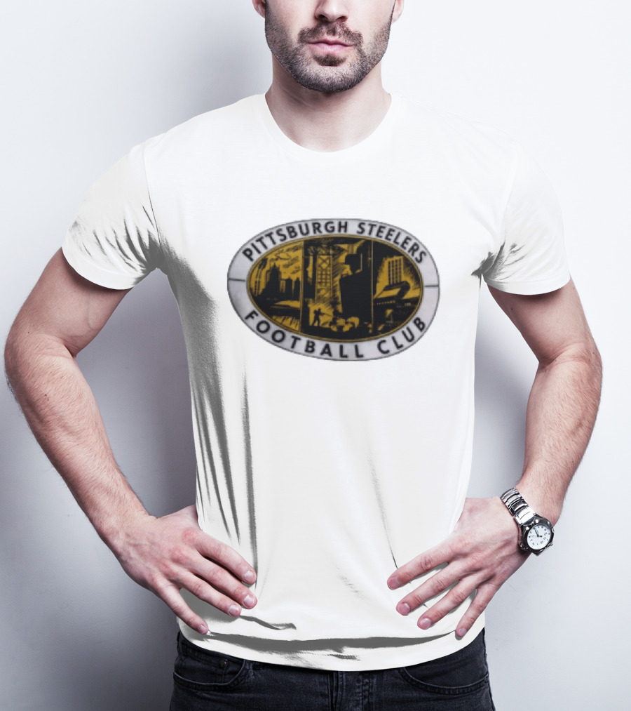 Pittsburgh Steelers Football Club Distressed Oval Emblem Cityscape T-Shirt