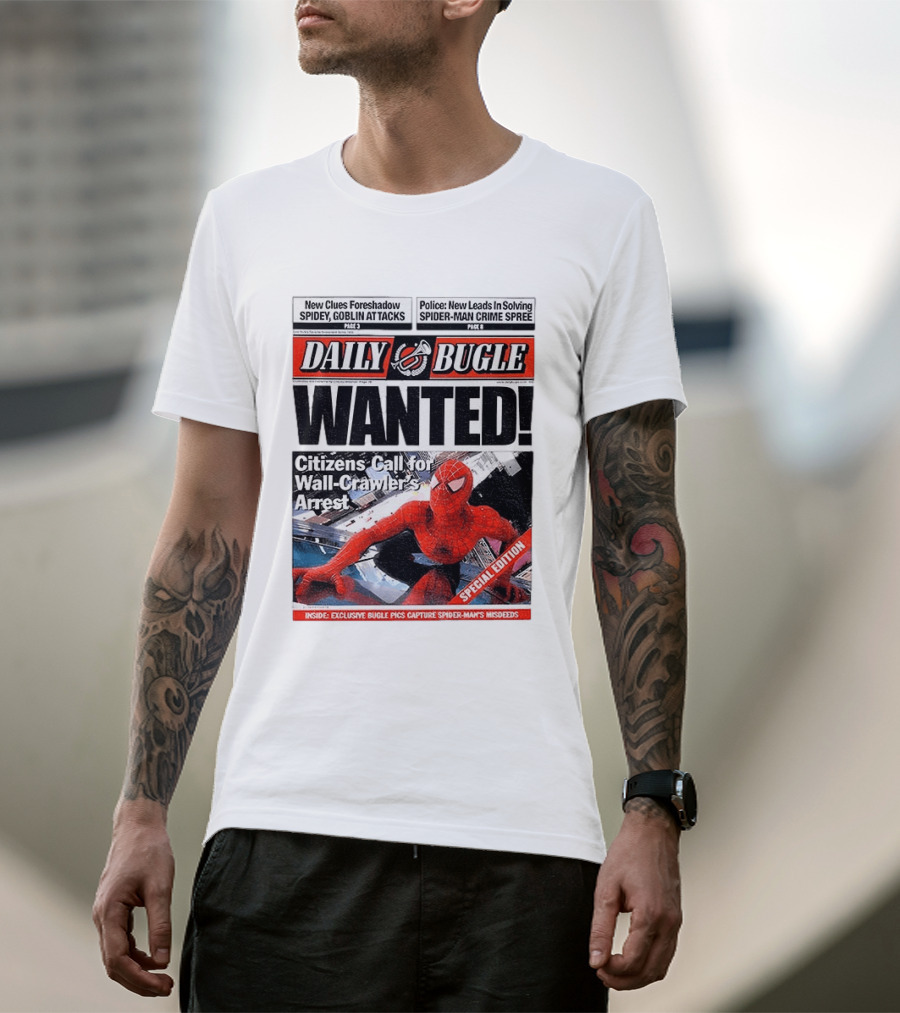 Daily Bugle Wanted Citizens Call Wall Crawler's Arrest Special Edition Spiderman Goblin Police Crime Spree T-Shirt