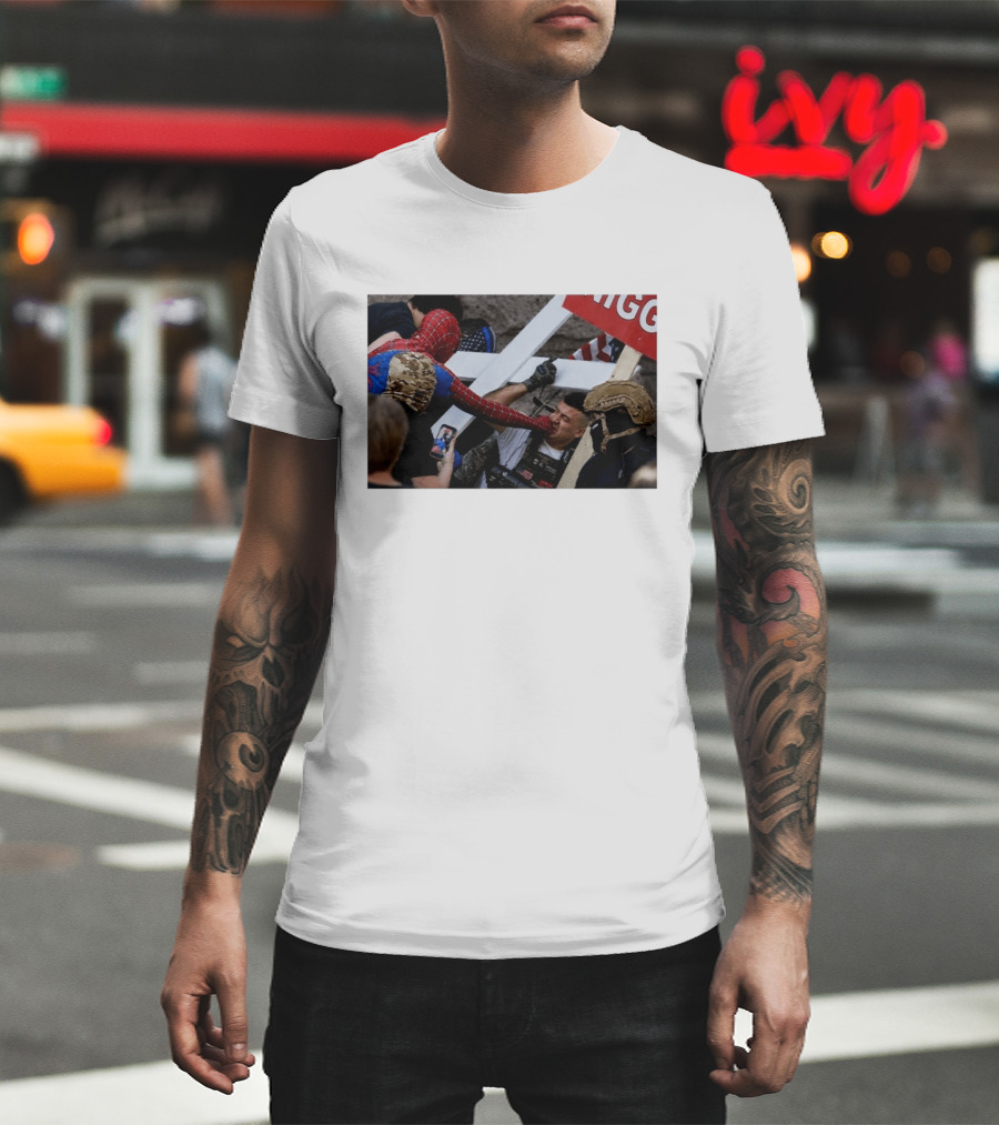 Spiderman Punch A Nazi Protest Scene With Cross And American Flag T-Shirt