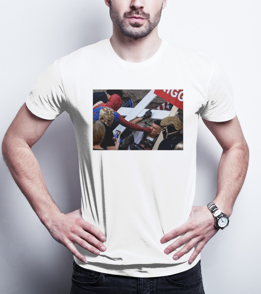 Spiderman Punch A Nazi Protest Scene With Cross And American Flag T-Shirt