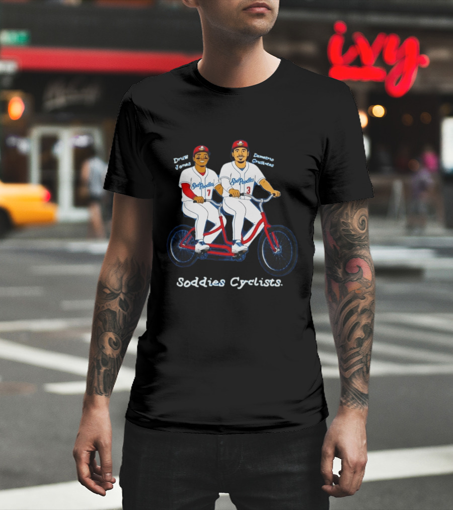Soddies Cyclists Drew Jones Demelio Crisantes Amarillo Sod Poodles Tandem Bike T-Shirt