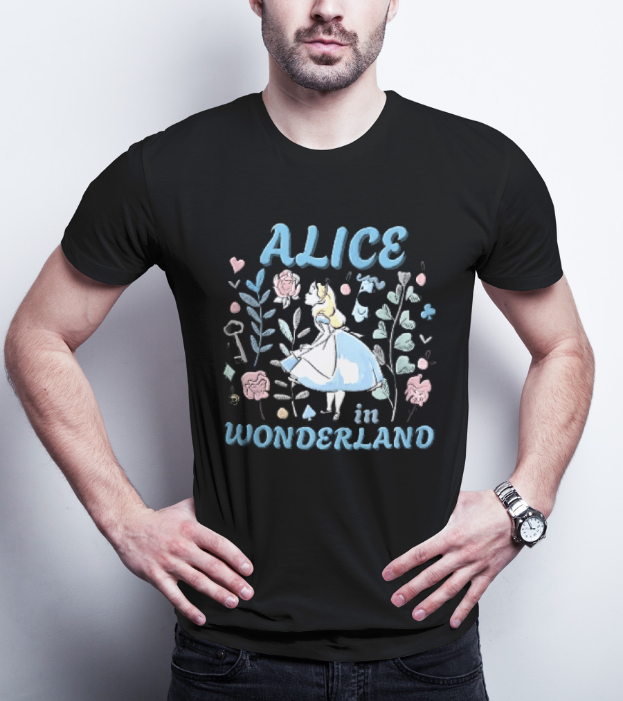 Alice In Wonderland Floral Wonderland With Alice Smelling Flowers T-Shirt