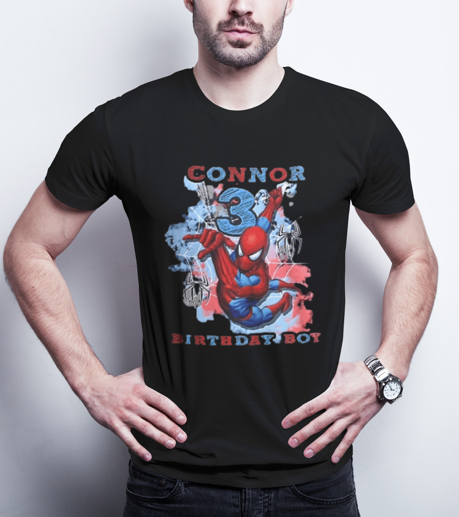 Connor 3 Birthday Boy Spider Man Web Slinging Cartoon T-Shirt