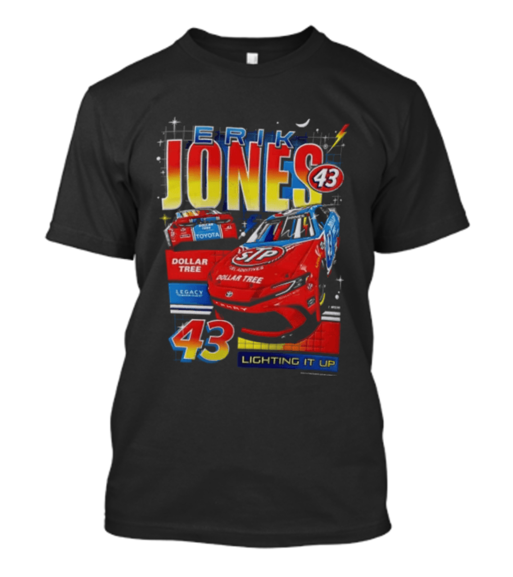 Erik Jones 43 Dollar Tree Toyota Legacy Motor Club Lighting It Up Racing Car T-Shirt