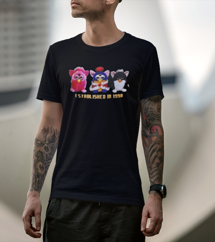 Established In 1998 Three Furby Plush Toys With Crown T-Shirt