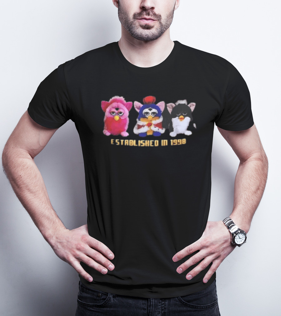 Established In 1998 Three Furby Plush Toys With Crown T-Shirt