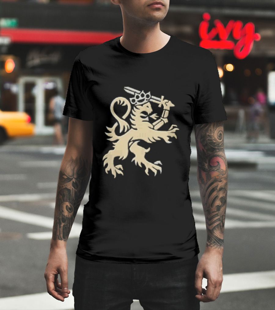 Heraldic Gold Rampant Lion With Crown Sword And Brass Knuckles T-Shirt