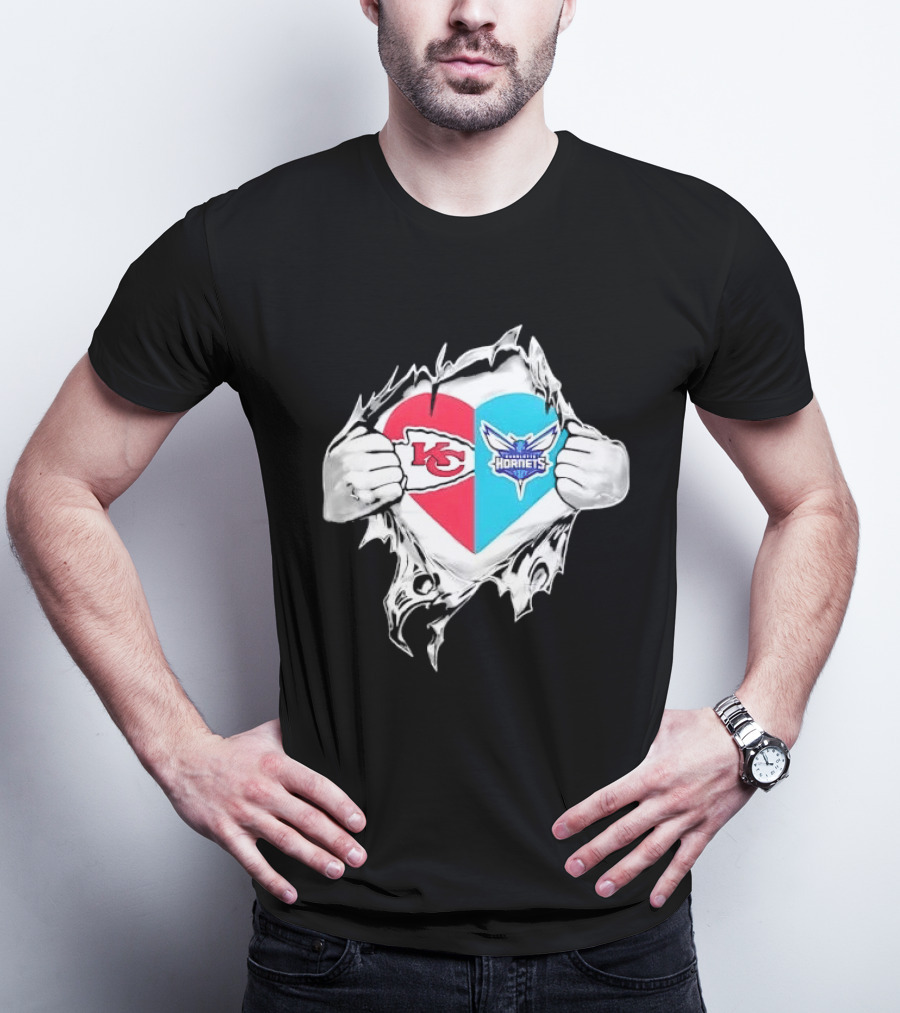 Kansas City Chiefs Charlotte Hornets Heart Hands Ripping Open T-Shirt