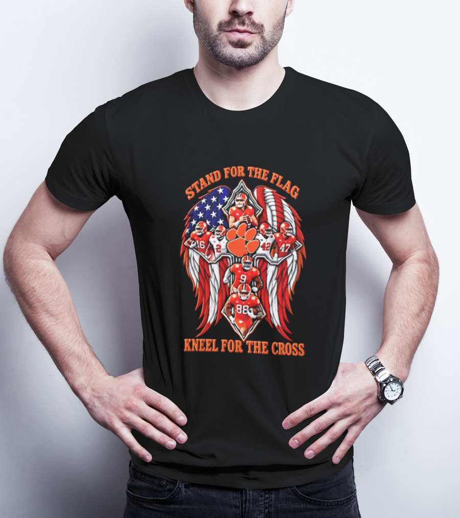 Clemson Tigers Stand For The Flag Kneel For The Cross 2026 American Flag Football Paw T-Shirt