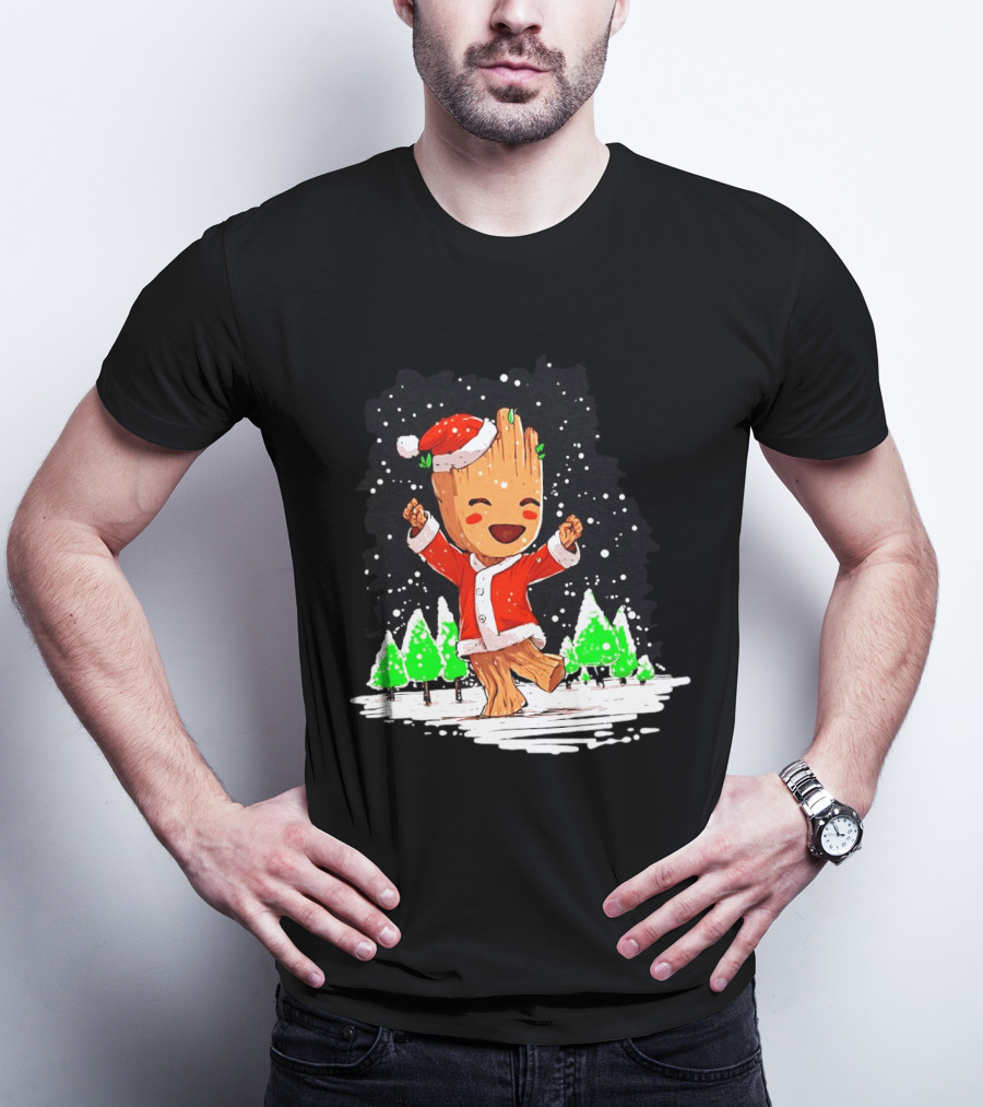 Dancing Santa Groot Christmas Trees Snow Scene T-Shirt