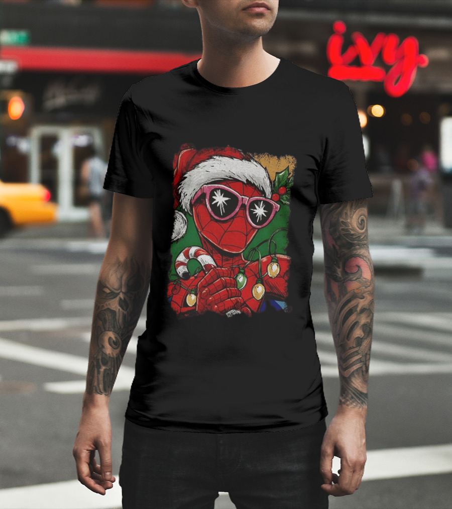 Marvel Spider Man Christmas Santa Candy Cane Festive Lights T-Shirt