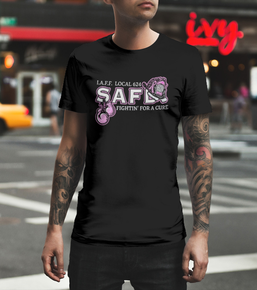 IAFF Local 624 SAFD Fightin' For A Cure Pink Boxing Gloves Firefighter Helmet T-Shirt