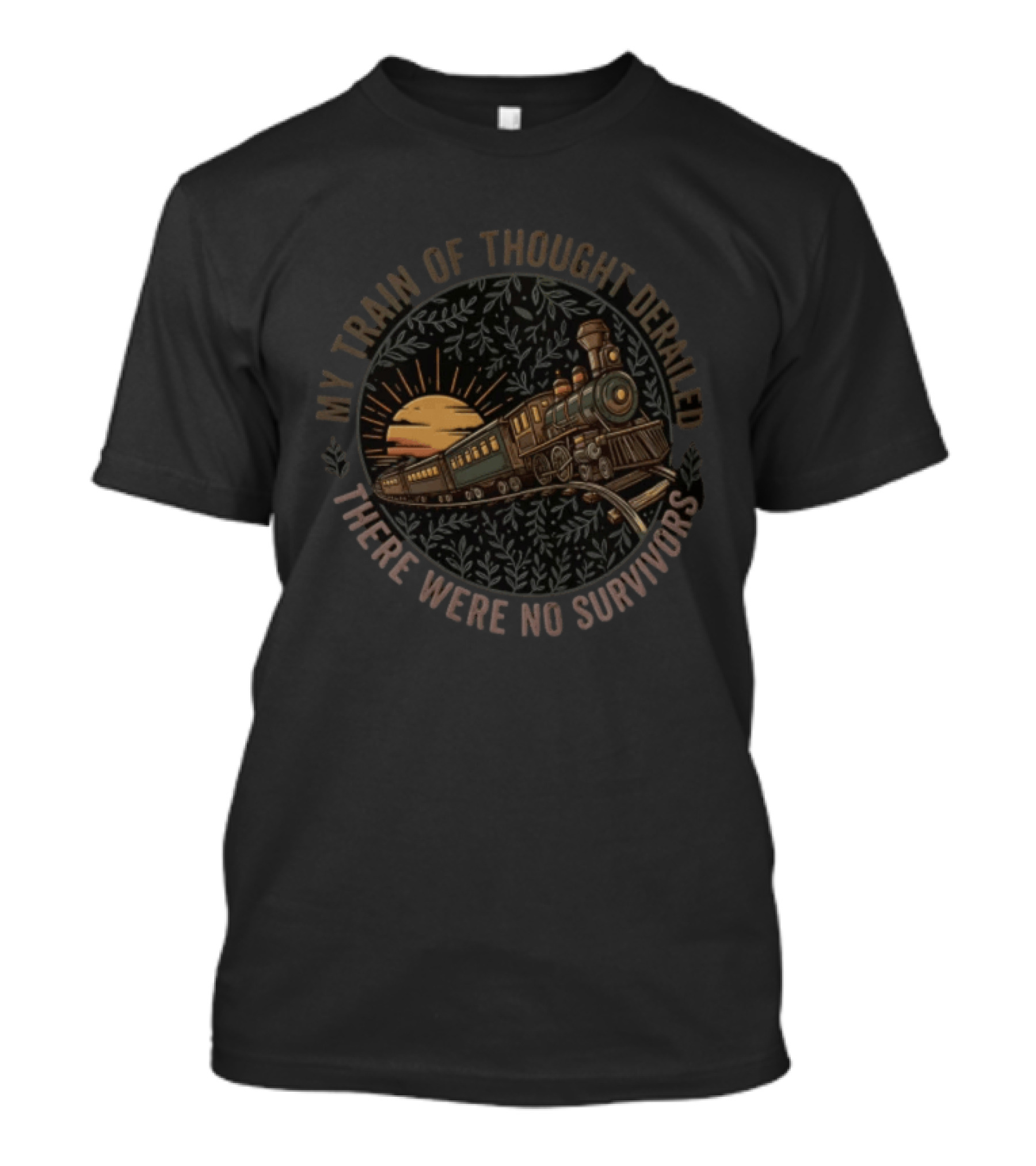 My Train Of Thought Derailed There Were No Survivors Vintage Train Sunset Scene T-Shirt