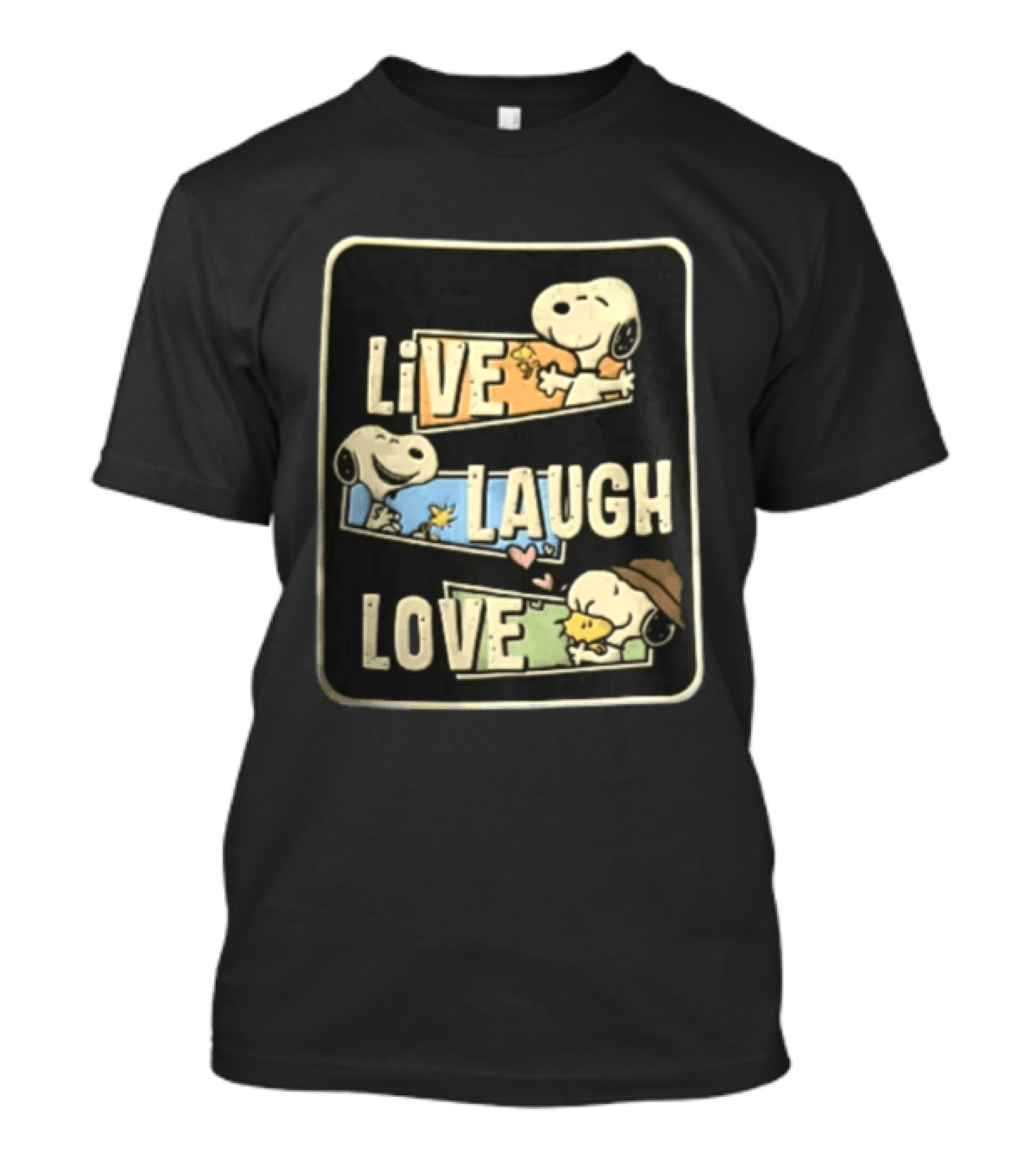Live Laugh Love Peanuts Snoopy Woodstock Hugging Panels T-Shirt
