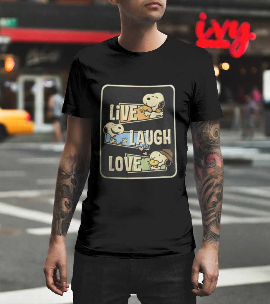 Live Laugh Love Peanuts Snoopy Woodstock Hugging Panels T-Shirt