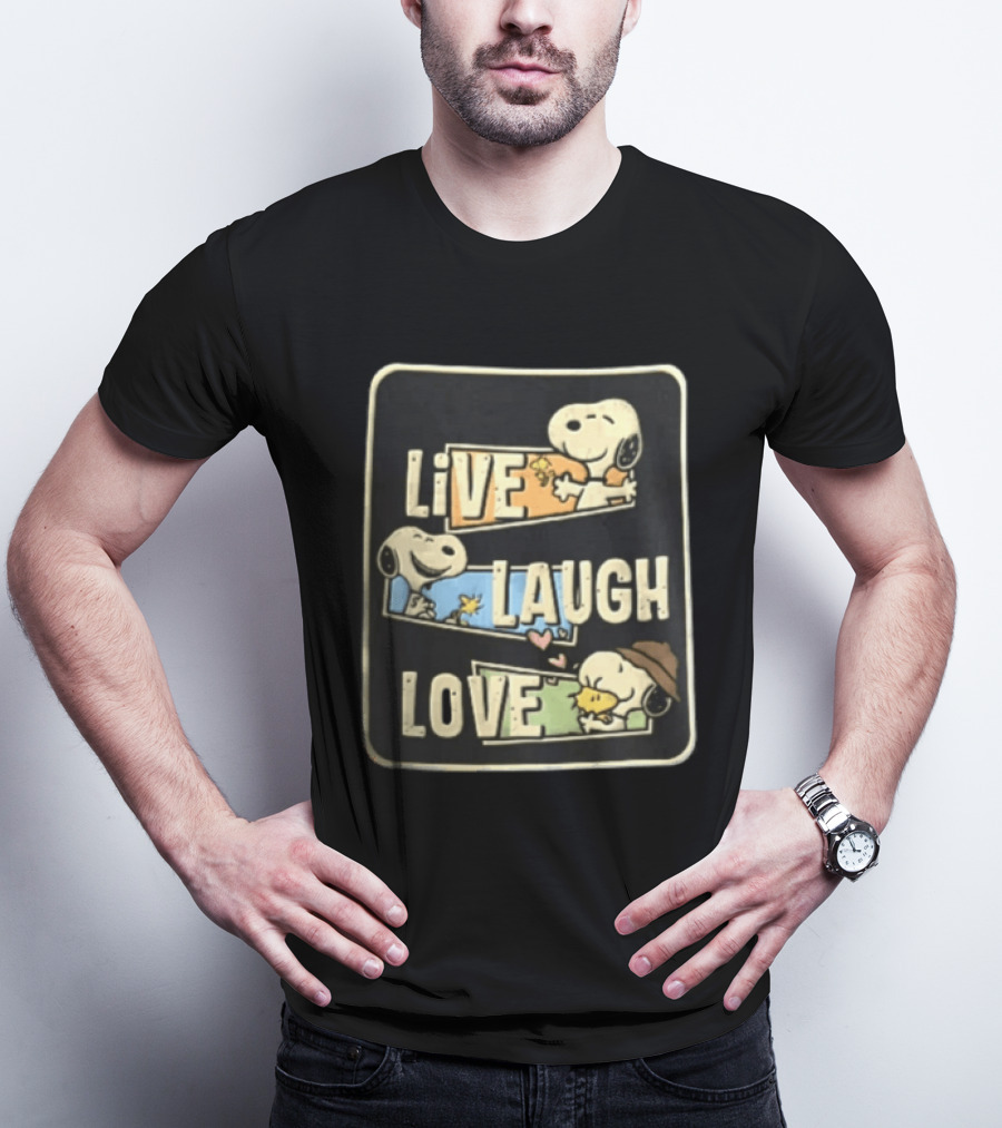 Live Laugh Love Peanuts Snoopy Woodstock Hugging Panels T-Shirt