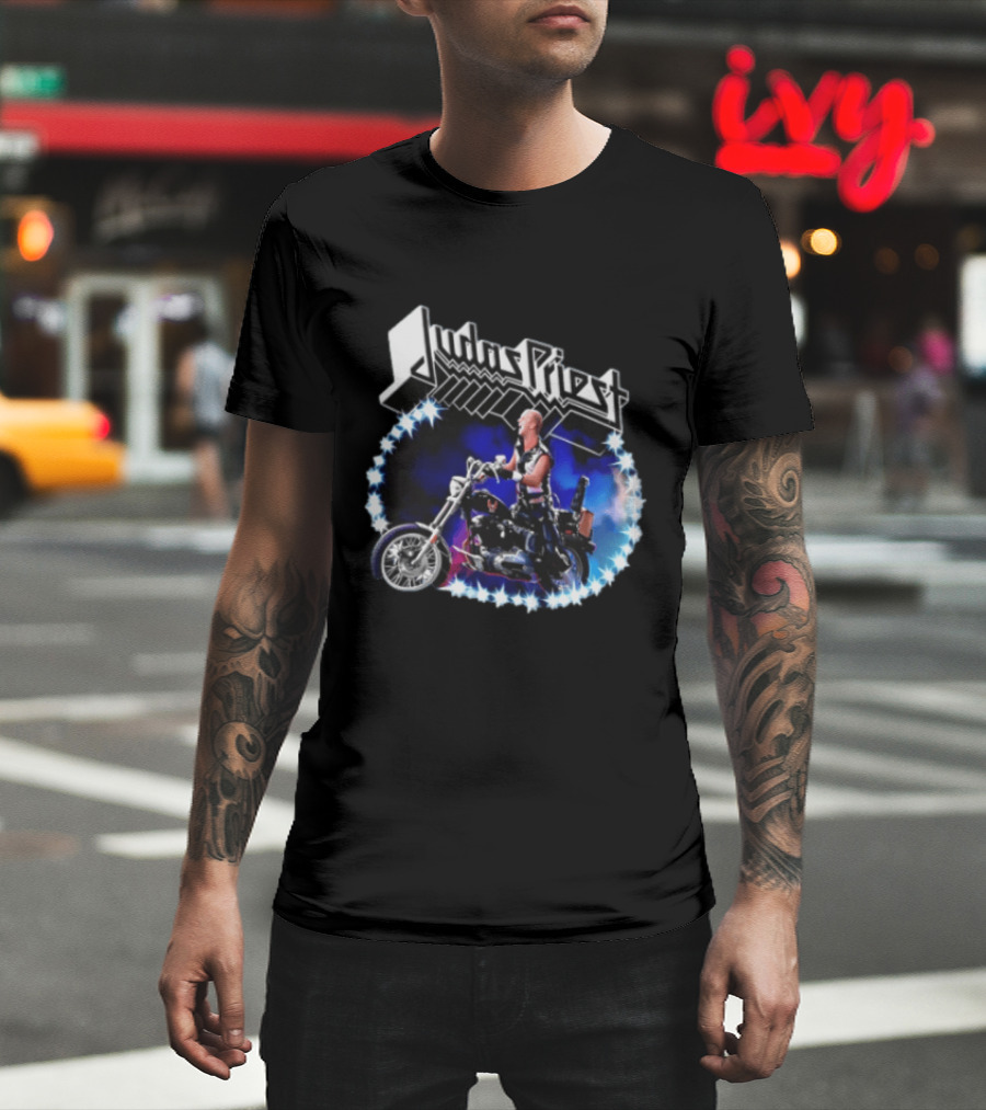 Judas Priest Rob Halford Motorcycle Star Lights T-Shirt