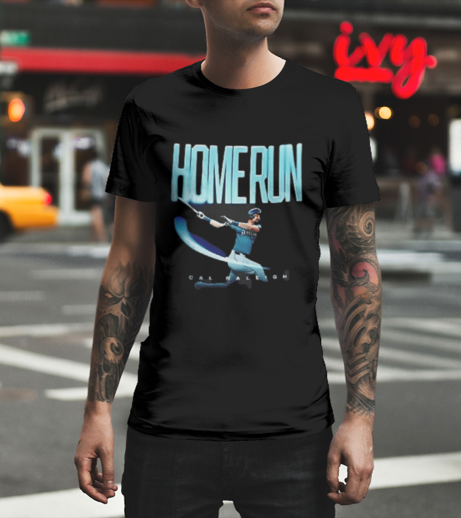Seattle Mariners Cal Raleigh Home Run Batter Swinging Light Trail T-Shirt